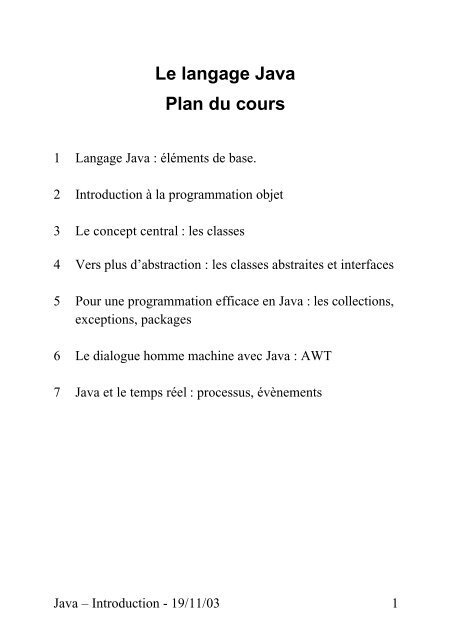Le langage Java Plan du cours
