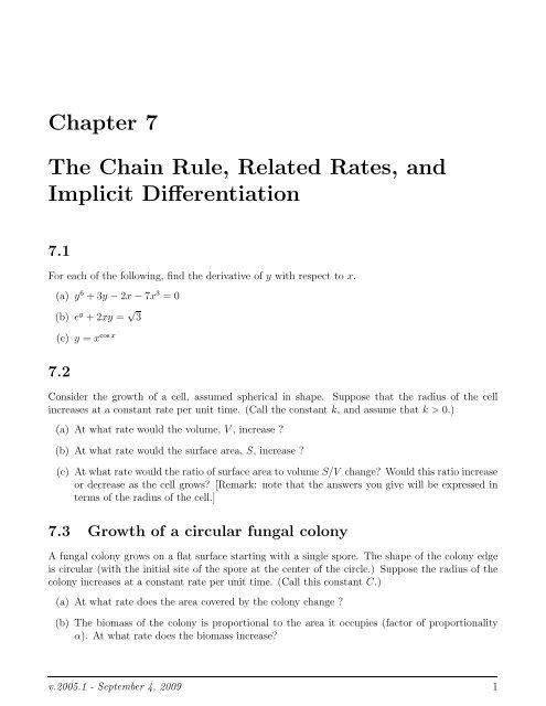 Chapter 7 The Chain Rule, Related Rates, and Implicit Differentiation