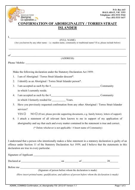 confirmation of aboriginality / torres strait islander - BADAC