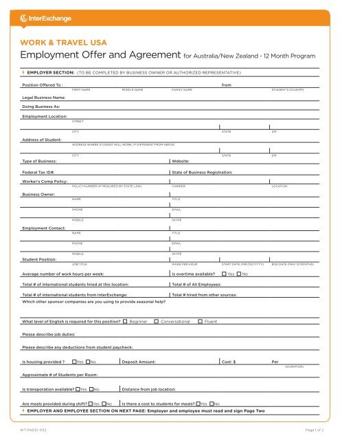 Work & Travel Employment Agreement - InterExchange