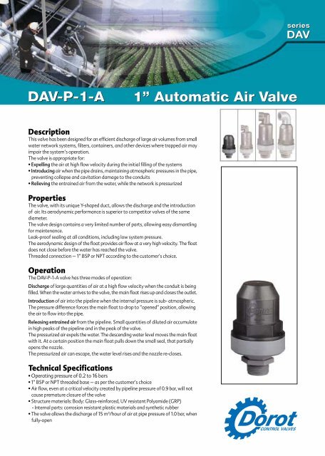 CGA Valves Dorot P Series Plastic Automatic Air Valve Catalogue