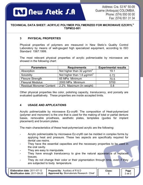 TECHNICAL DATA SHEET: ACRYLIC POLYMER ... - New Stetic