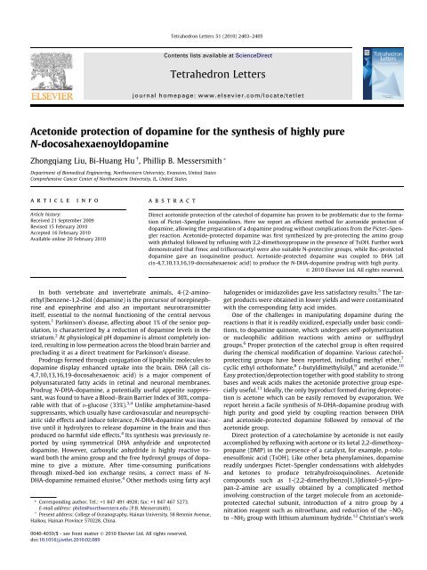 Acetonide protection of dopamine for the synthesis of highly pure N ...