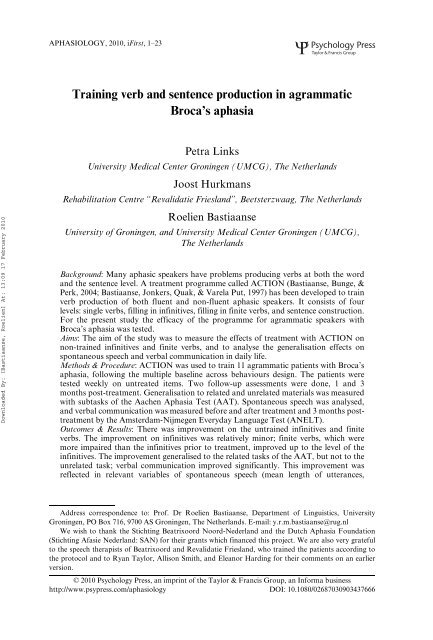 Training verb and sentence production in agrammatic Broca's aphasia