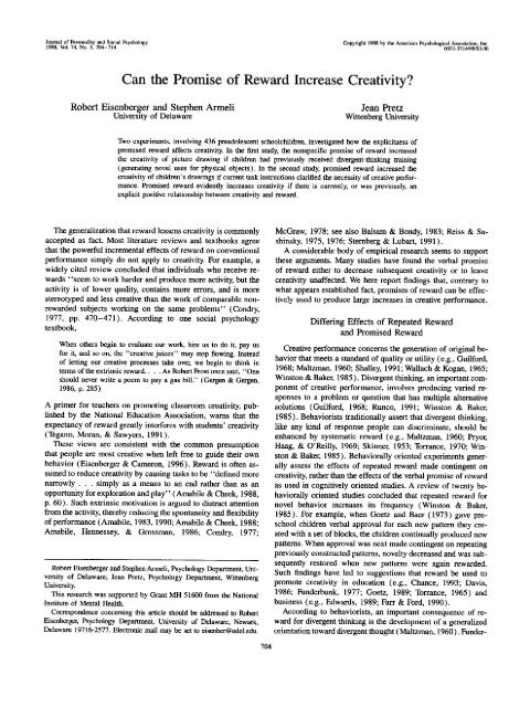 Can the Promise of Reward Increase Creativity? - Robert Eisenberger