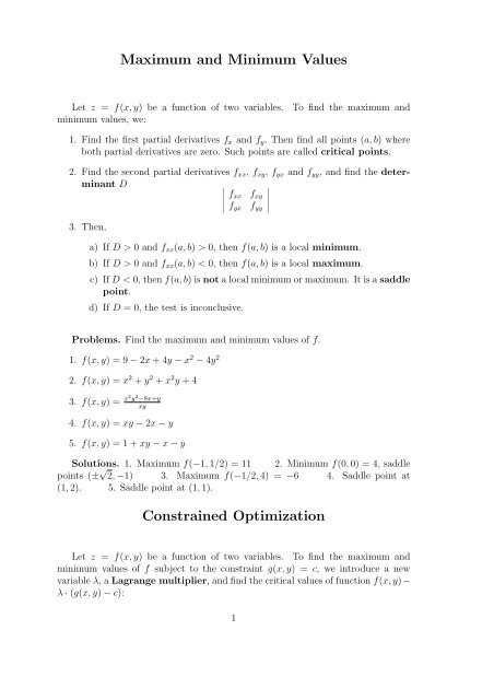 Optimization Of Functions Of Two Variables