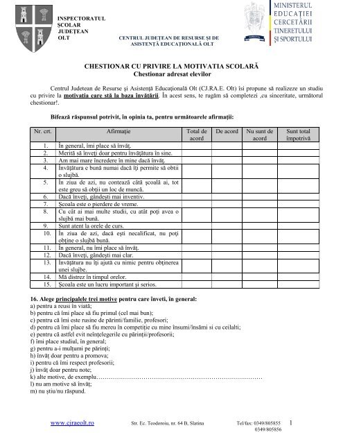 CHESTIONAR CU PRIVIRE LA MOTIVATIA SCOLARA ... - ISJ Olt