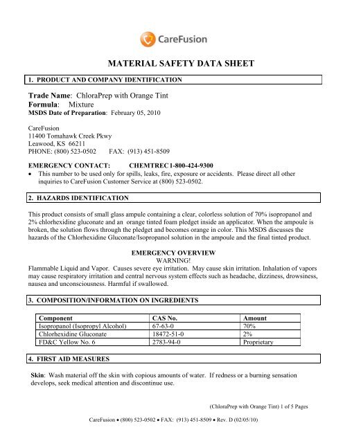 Material Safety Data sheet â ChloraPrep with Orange Tint - Ivteam.com