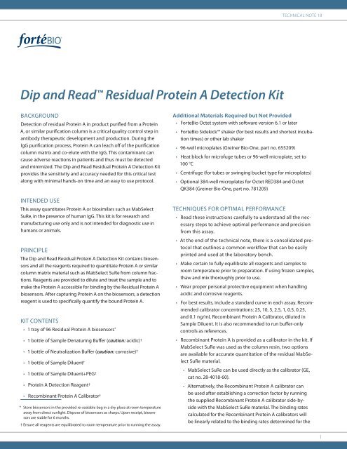 Dip and Readâ ¢ Residual Protein A Detection Kit - ForteBio