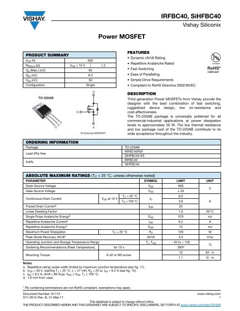 Power MOSFET IRFBC40, SiHFBC40