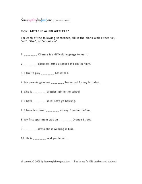 topic: ARTICLE or NO ARTICLE? - Learn English Feel Good