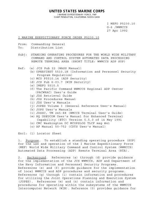 UNITED STATES MARINE CORPS - I Marine Expeditionary Force