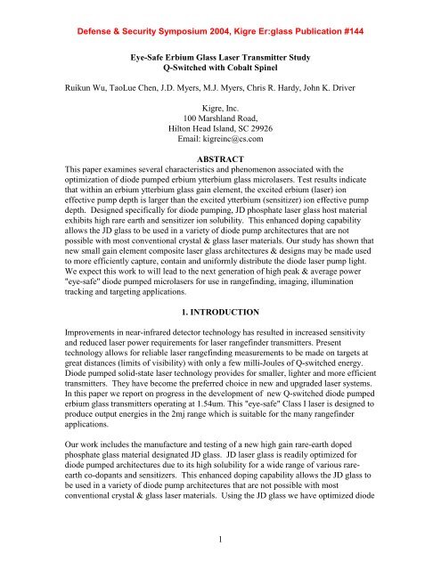 Eye-Safe Erbium Glass Laser Transmitter Study - Kigre, Inc.