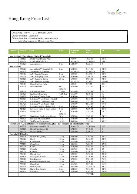 Product Pricelist - Young Living