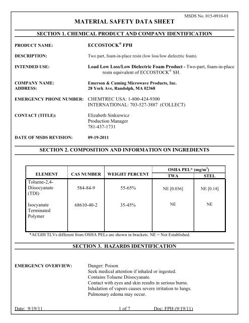 material safety data sheet - Emerson & Cuming Microwave Products