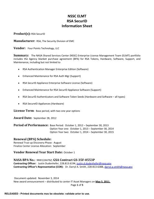 NSSC ELMT RSA SecurID Contract Information Sheet - NASA