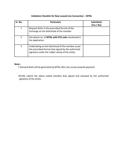 Validation Checklist for New Leased Line Connection â MTNL - MCX