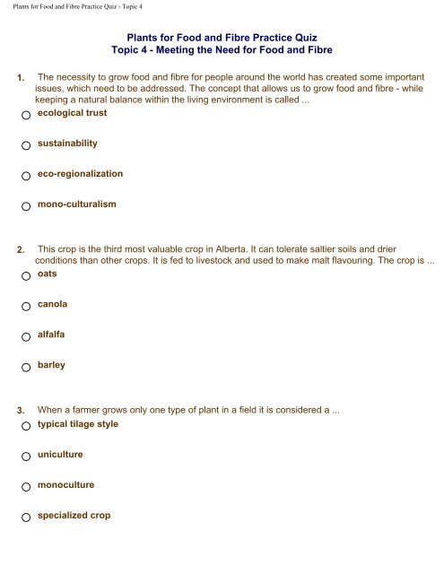 Plants for Food and Fibre Practice Quiz - Topic 4 - Ed Quest