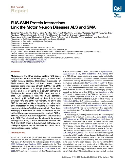 FUS-SMN Protein Interactions Link the Motor Neuron Diseases ALS ... FUS-SMN Protein Interactions Link the Motor Neuron Diseases ALS ...