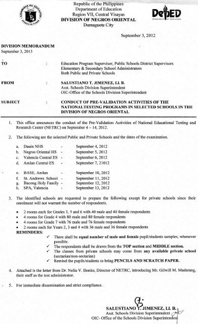 DIVISION MEMORANDUM - DepEd NegOr Memo