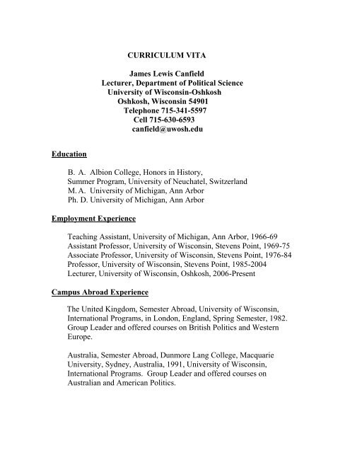 Curriculum Vita - University of Wisconsin Oshkosh