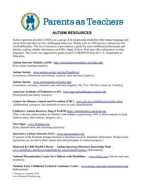 AUTISM RESOURCES - Parents as Teachers