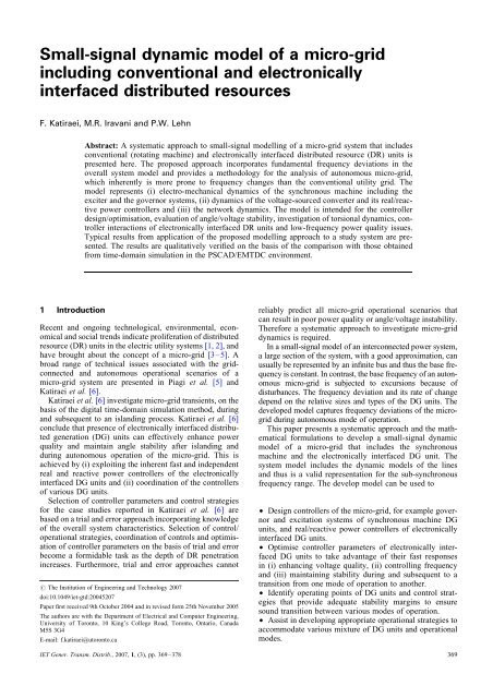 Small-signal dynamic model of a micro-grid including conventional ...