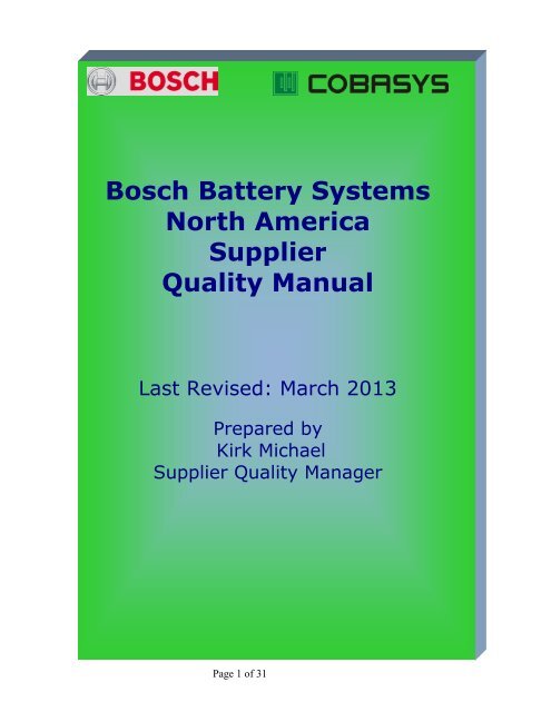 Bosch Battery Systems North America Supplier Quality ... - Cobasys