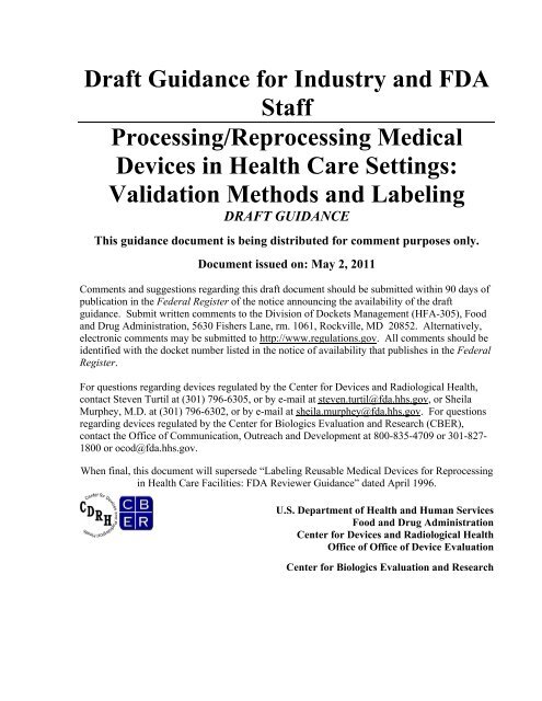 Draft Guidance for Industry and FDA Staff Processing/Reprocessing ...