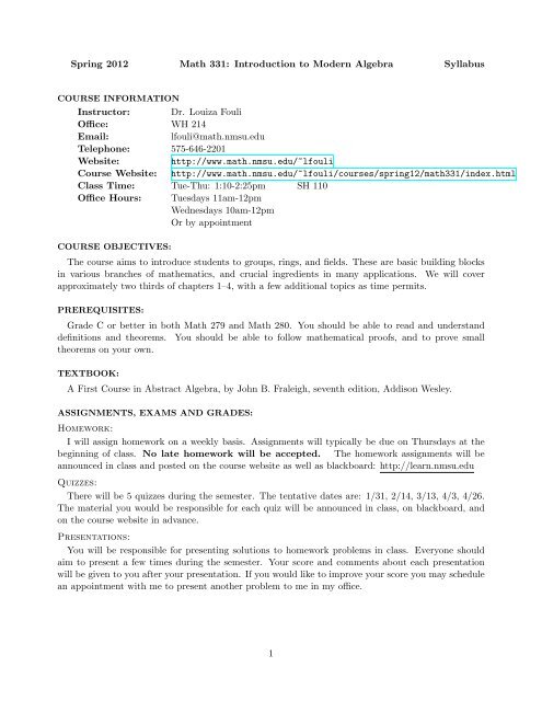Spring 2012 Math 331: Introduction to Modern Algebra Syllabus ...