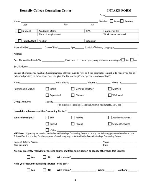 Donnelly College Counseling Center INTAKE FORM