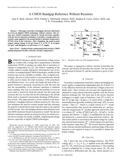 A cmos bandgap reference without resistors - Solid-State Circuits ...
