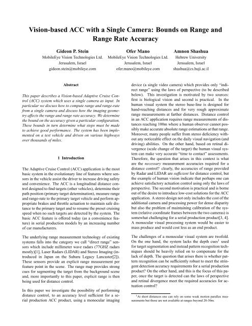 Vision-based ACC with a Single Camera: Bounds on ... - Mobileye