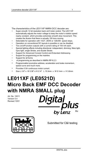 LE011XF (LE0521D) Micro Back EMF DCC Decoder ... - Lenz USA