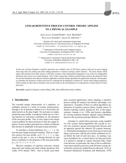 Linear repetitive process control theory applied to a