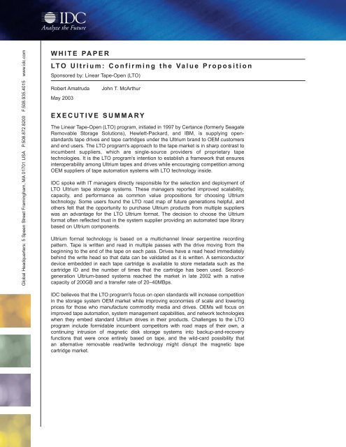 WHITE PAPER LTO Ultrium: Confirming the Value Proposition ...