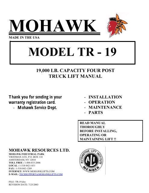MODEL TR - 19 - Mohawk Lifts