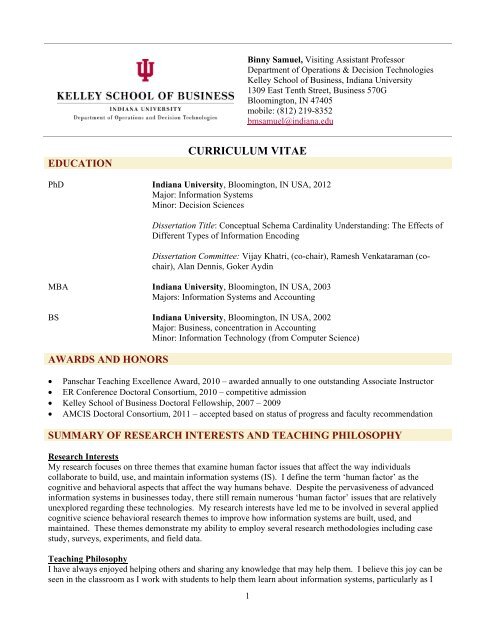 CURRICULUM VITAE Kelley School Of Business Indiana University