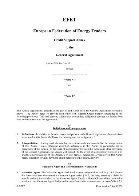 Credit Support Annex to the General Agreement - EFET