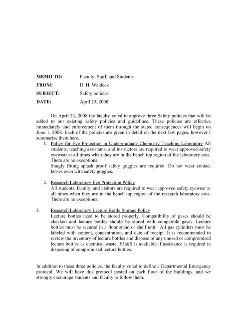 MEMO TO: Faculty, Staff, and Students FROM: DH Waldeck SUBJECT