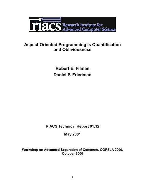 Aspect-Oriented Programming is Quantification and ... - RIACS