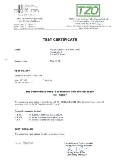 IP rating certificate - Rolec Enclosures