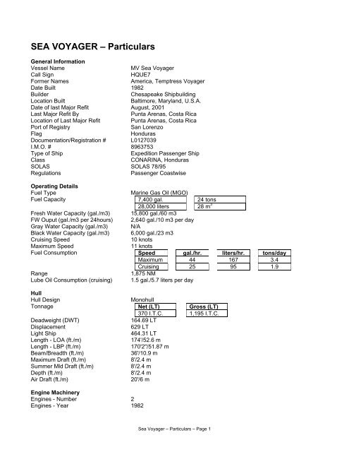 SEA VOYAGER â Particulars - Marcon International, Inc.