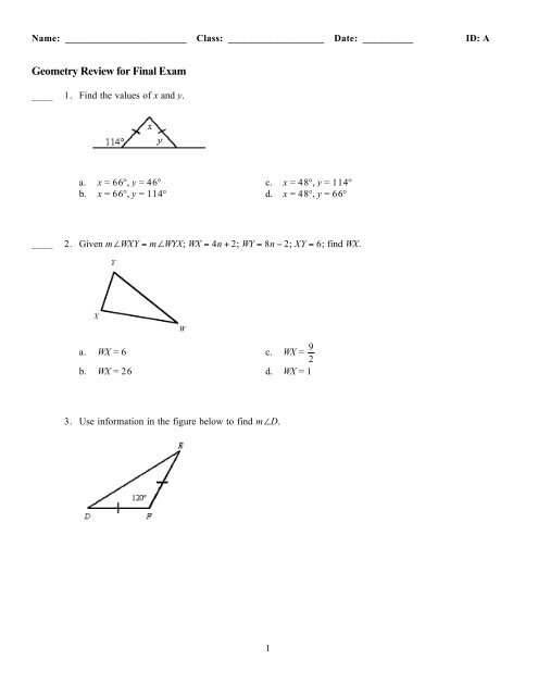 Geometry Review for Final Exam - Verona School District