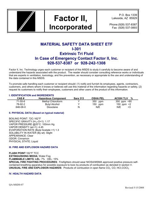 MATERIAL SAFETY DATA SHEET ETF I-301 Extrinsic ... - Factor II, Inc.