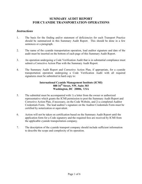 Summary Audit Report - International Cyanide Management Code