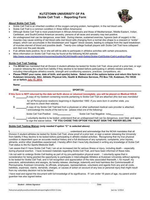 KUTZTOWN UNIVERISTY OF PA Sickle Cell Trait - Reporting Form