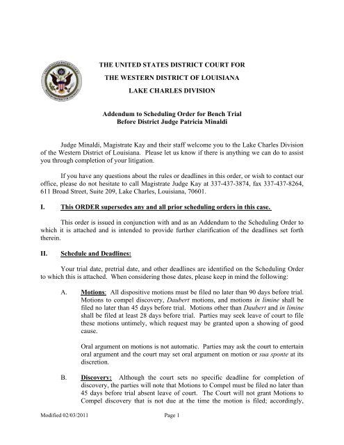 SO 3.224 Addendum to Scheduling Order for Bench Trial Before ...