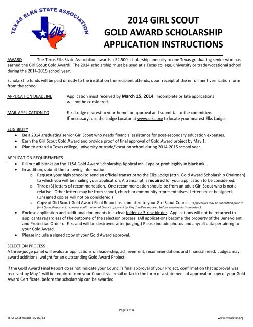 2014 girl scout gold award scholarship application instructions