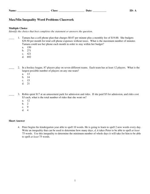 Max/Min Word Problem Classwork